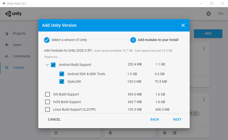 اختيار وحدة الوحدة الإضافية لـ Unity Hub
